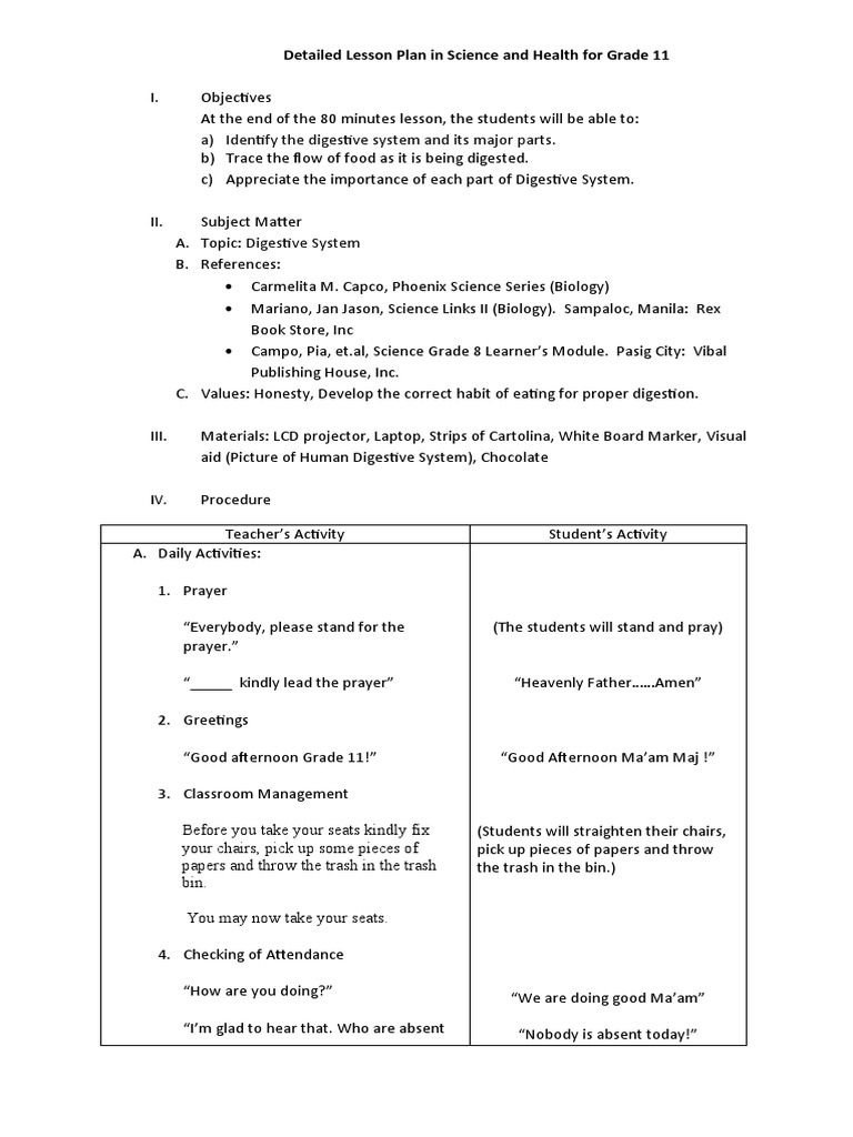 Detailed Lesson Plan Sample | PDF | Digestion | Stomach