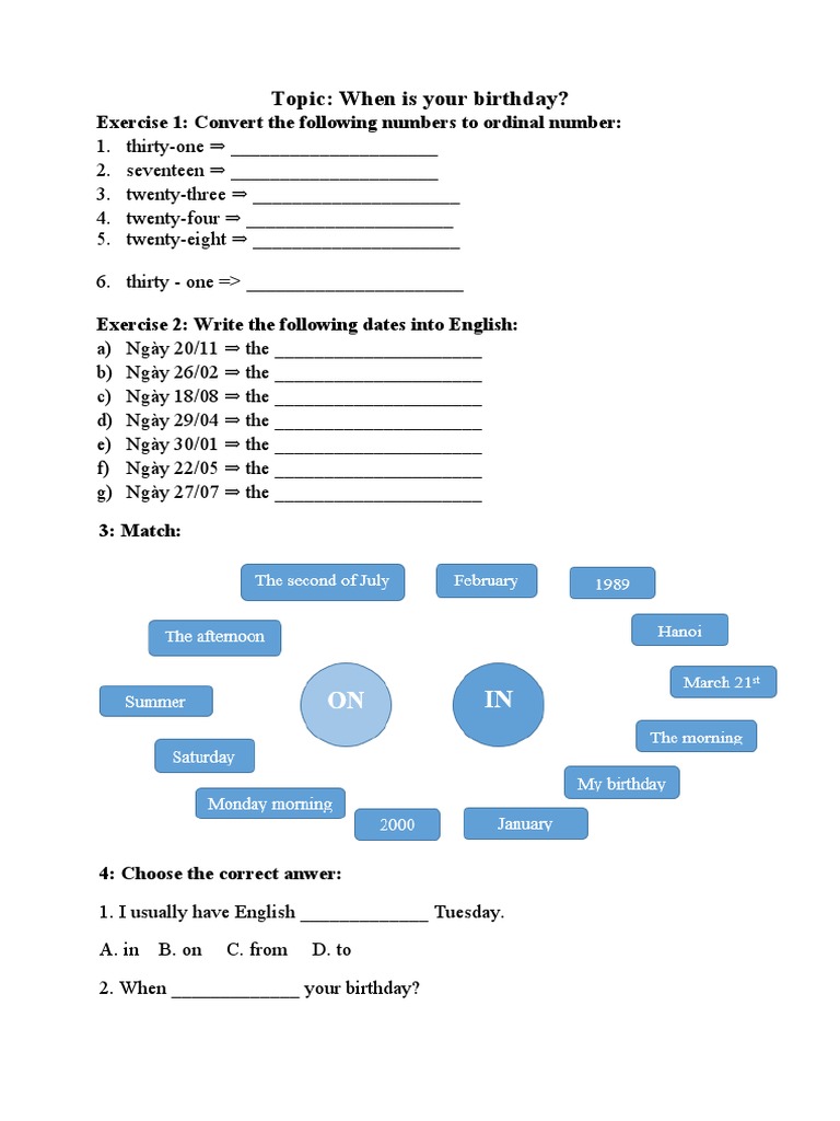 Topic: When Is Your Birthday?: Exercise 1: Convert The Following ...