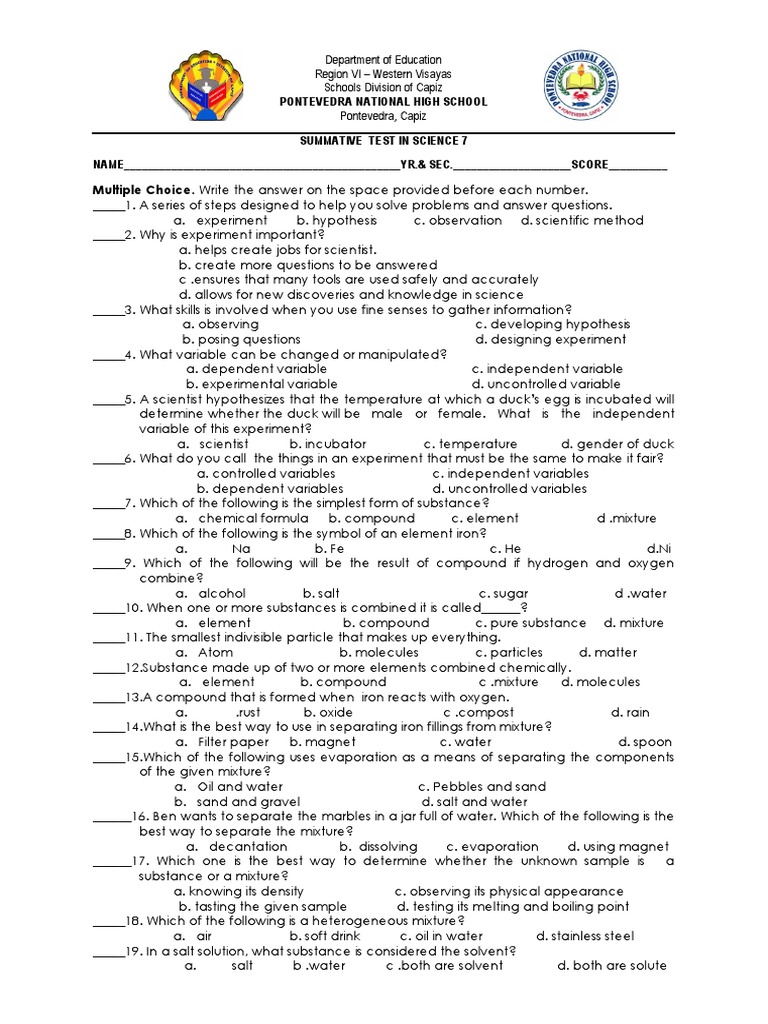 Science G7 SUMMATIVE 2021 EDITED | PDF | Solution | Mixture