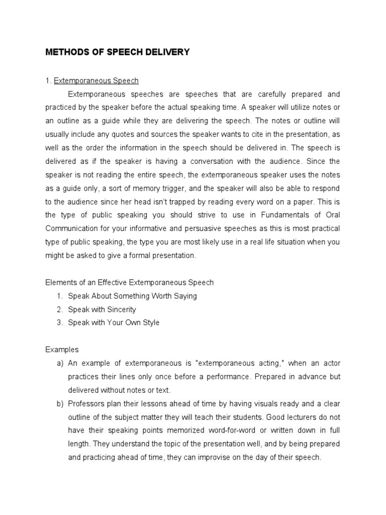 Methods of Speech Delivery | PDF | Gesture | Nonverbal Communication