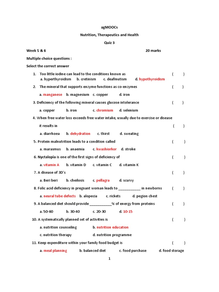 Agmoocs Nutrition, Therapeutics and Health Quiz 3 Week 5 & 6 20 Marks ...