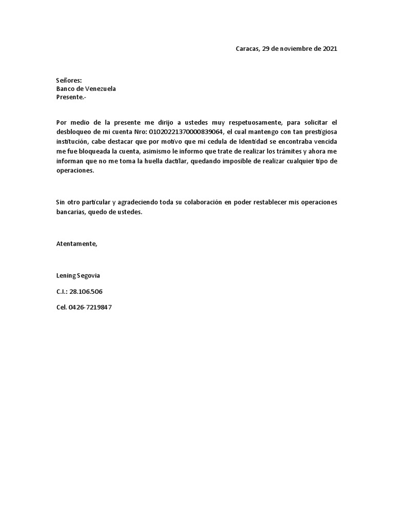 Carta de Solicitud de Desbloqueo de La Cuenta | PDF | Finanzas y dinero | Cocina, comidas y vino