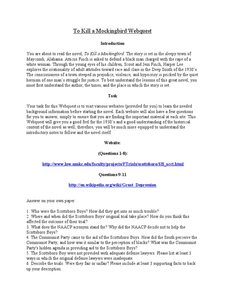 To Kill A Mockingbird Webquest | PDF | To Kill A Mockingbird