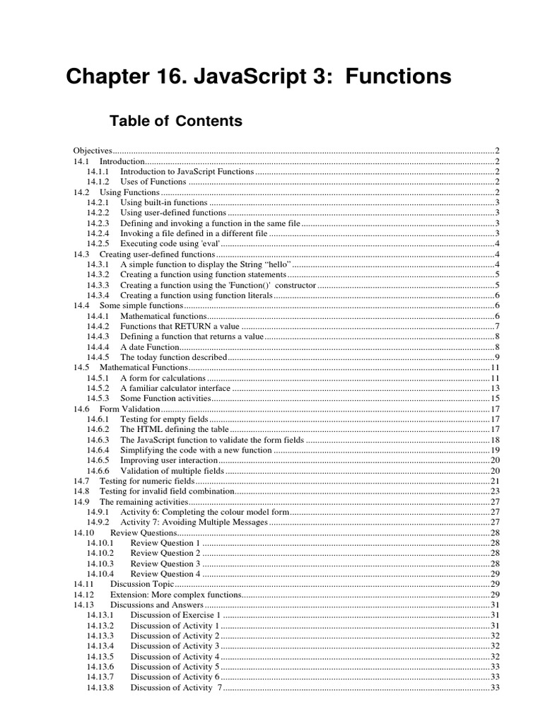 Chapter 16. Javascript 3: Functions: Table of Contents | PDF | Java ...
