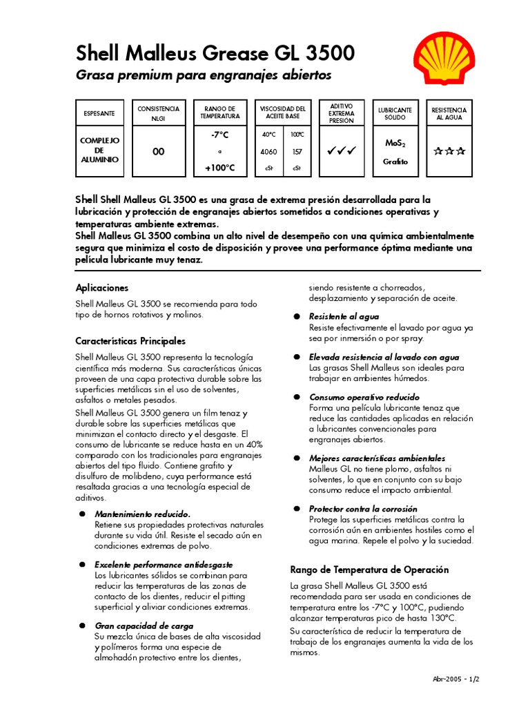 Grasa Shell Malleus GL 3500: Protección para Engranajes Abiertos | PDF ...