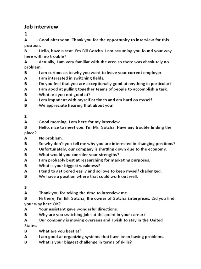 Job Interview 1: Position. Here With No Trouble? Problem | PDF | Self ...