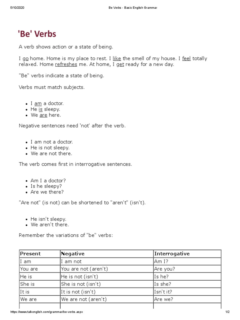 Be Verbs - Basic English Grammar | PDF