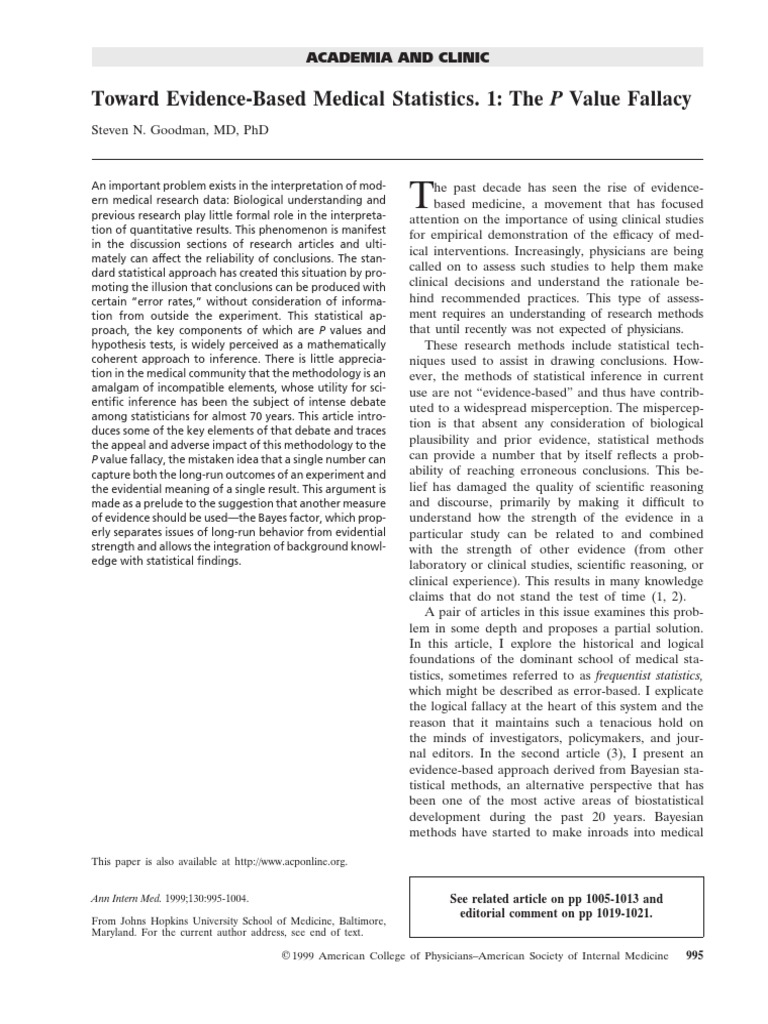 Toward Evidence-Based Medical Statistics. 1 The P Value Fallacy | PDF ...