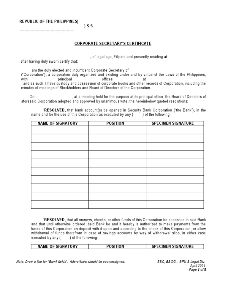 Secretary's Certificate - Corporate Account Opening As of 04.2021 04.16 ...