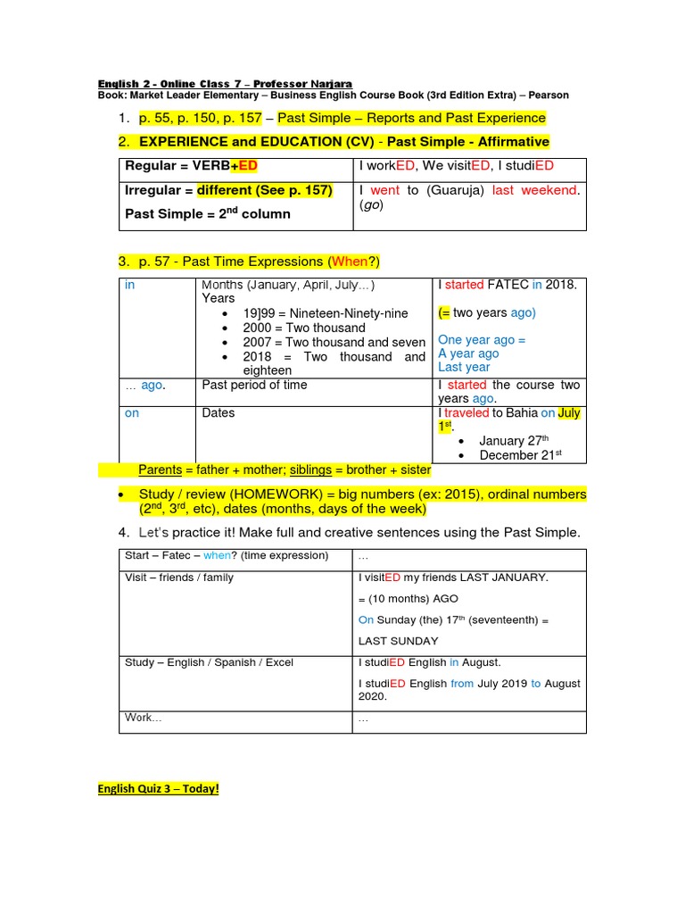 A Guide to Using Past Tense Verbs and Time Expressions to Describe Past ...