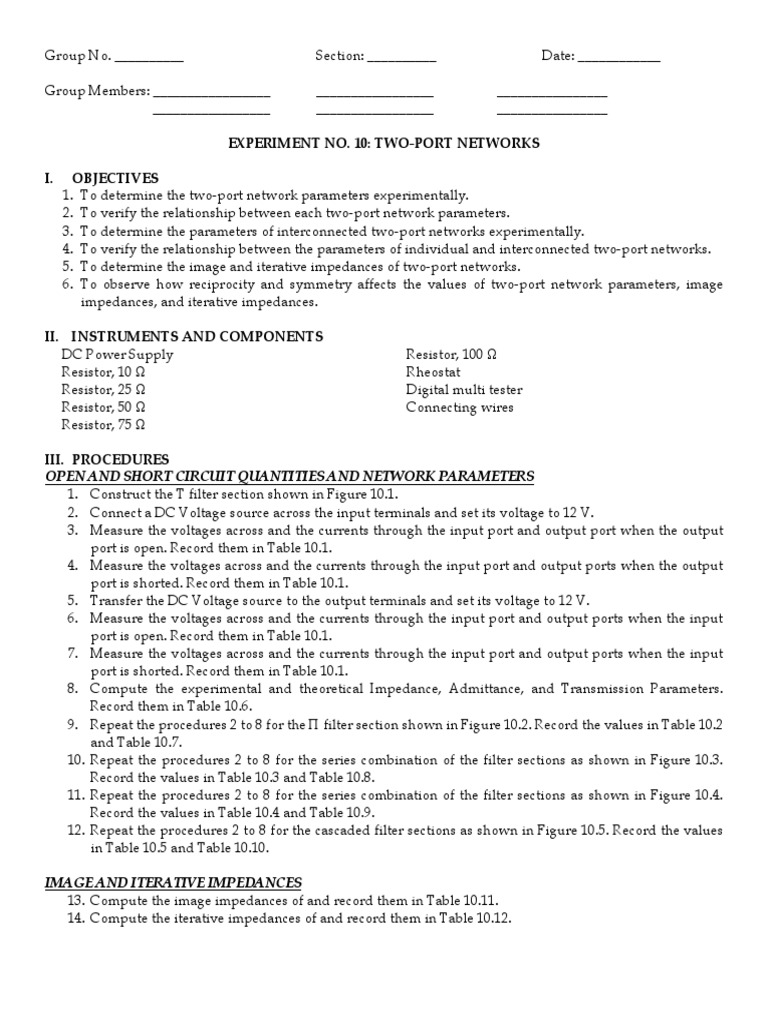 Experiment No. 10: Two-Port Networks I. Objectives: Open and Short ...