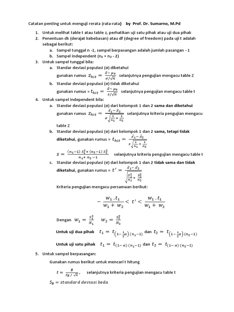 Cara menghitung uji statistik rerata dengan rumus t dan z | PDF