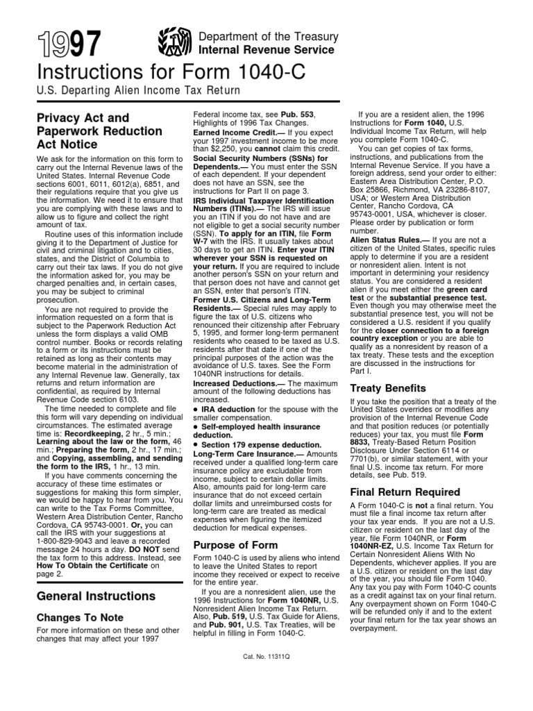 Form 1040-C Instructions for Aliens | PDF | Irs Tax Forms | Income Tax ...