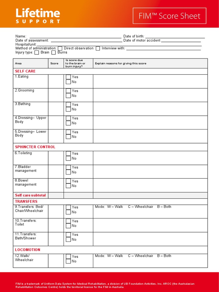 FIM or WeeFIM Assessment Scoresheet 2020 | PDF | Wheelchair ...