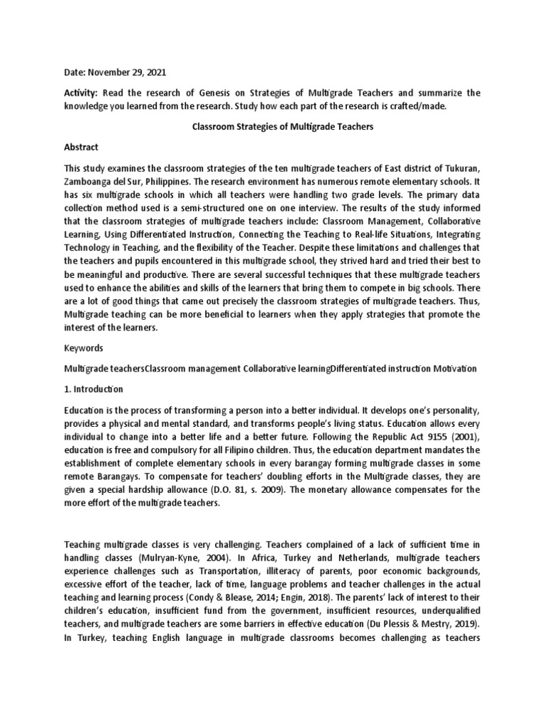 Classroom Strategies of Multigrade Teachers Activity | PDF ...