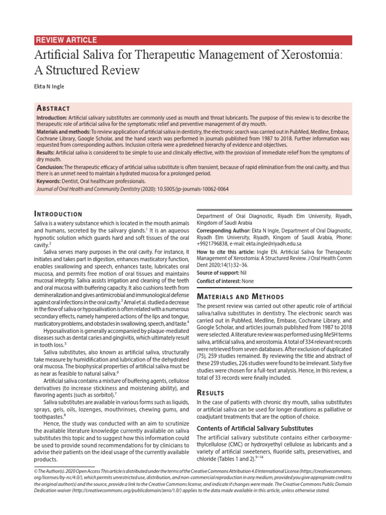 Artificial Saliva For Therapeutic Management of Xerostomia: A ...