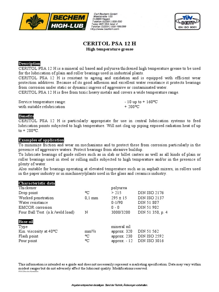 Bechem Ceritol Psa 12 H PDS | PDF | Bearing (Mechanical) | Lubricant