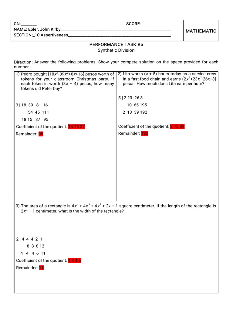 Synthetic Division Performance Task | PDF
