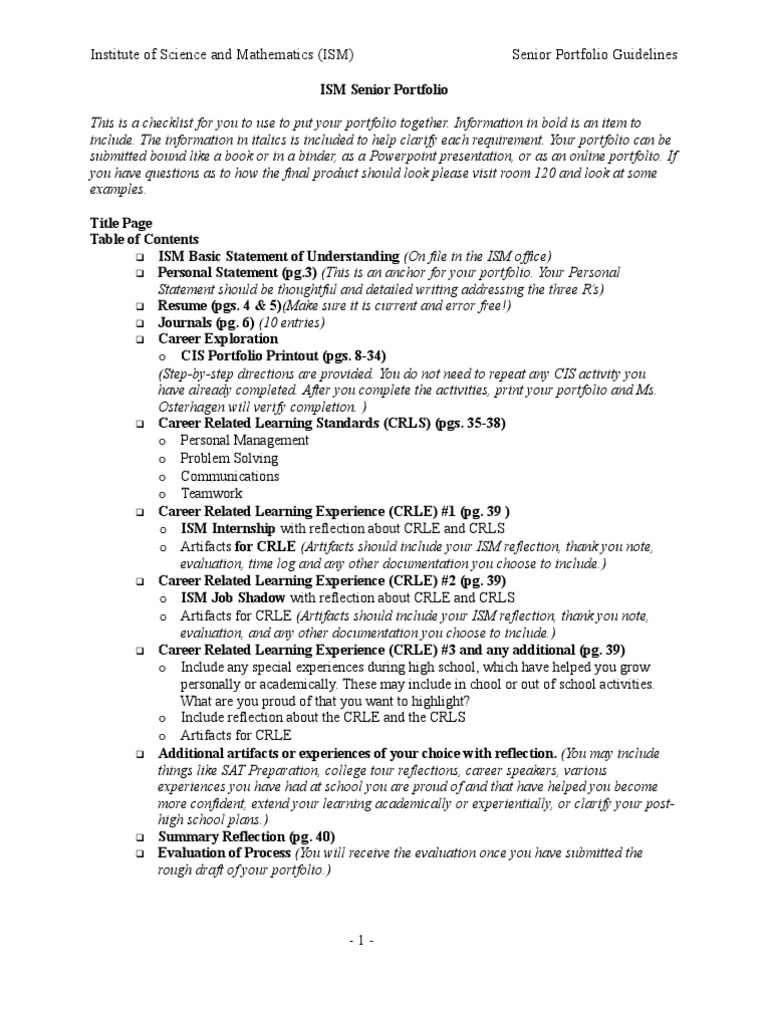 Institute of Science and Mathematics (ISM) Senior Portfolio Guidelines ...