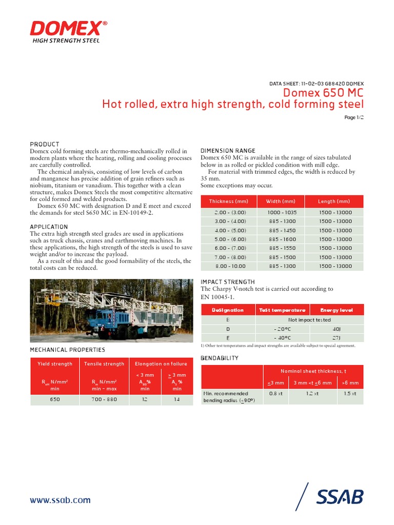 Domex 650 MC Hot Rolled, Extra High Strength, Cold Forming Steel | PDF ...