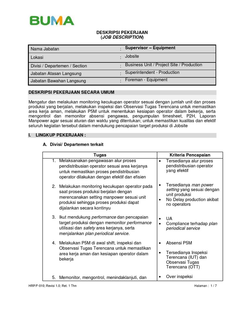 Supervisor - Equipment 2014 | PDF
