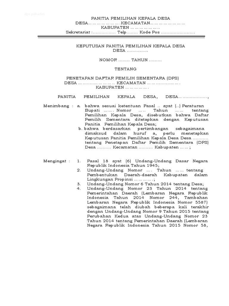 Contoh DPS Pilkades Dan SK Penetapannya | PDF