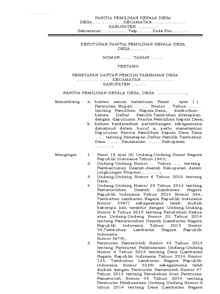 Contoh Dptb Pilkades Dan Sk Penetapan Nya Pdf
