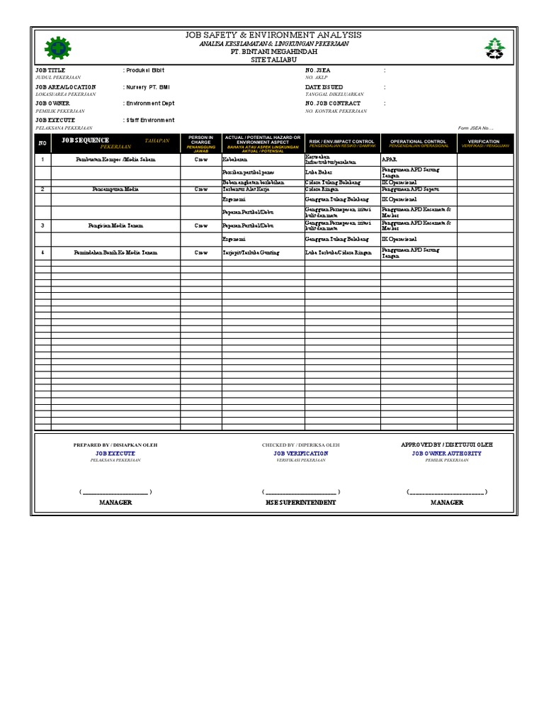 Form Job Safety & Environment Analysis | PDF