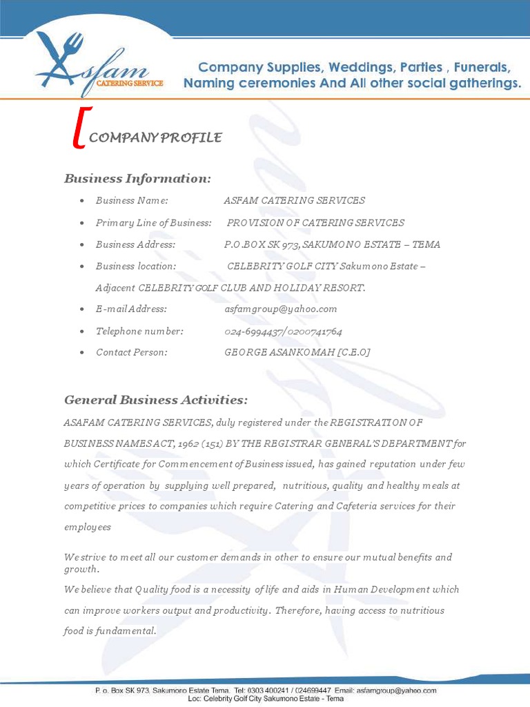 ASFAM Catering Services Company Profile | PDF | Foods | Soup