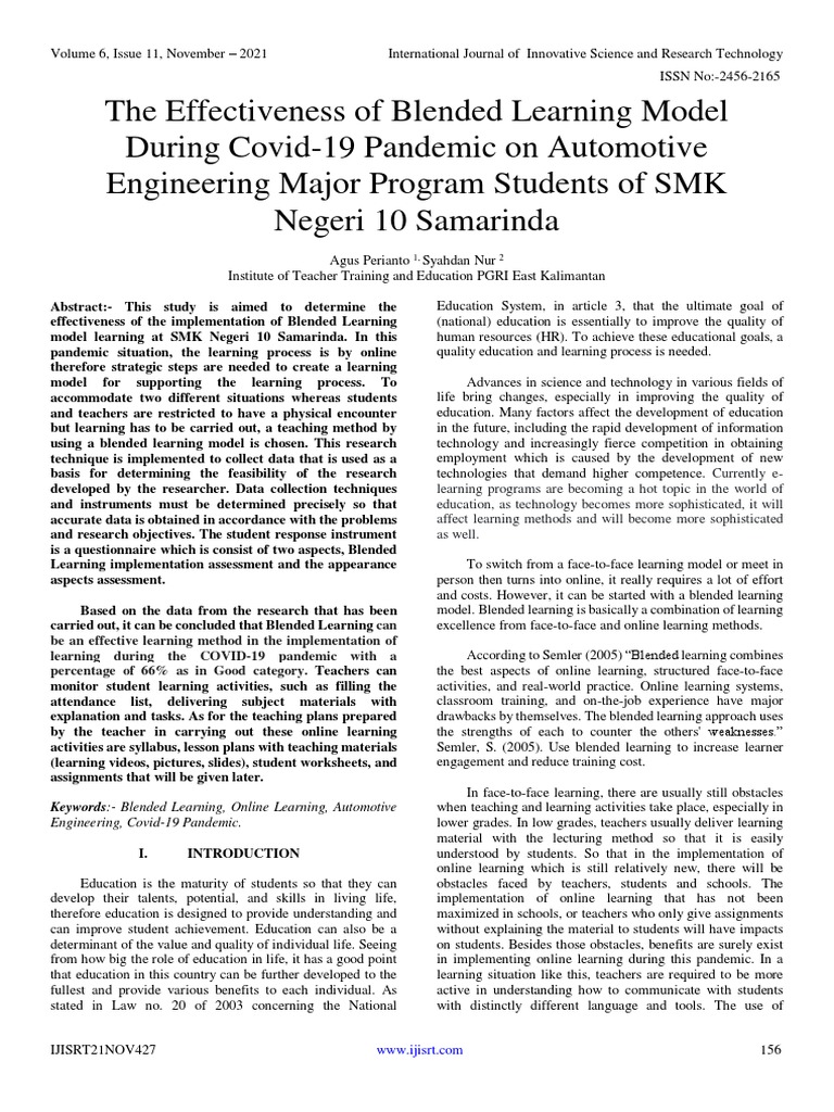 The Effectiveness of Blended Learning Model During Covid-19 Pandemic On Automotive Engineering ...