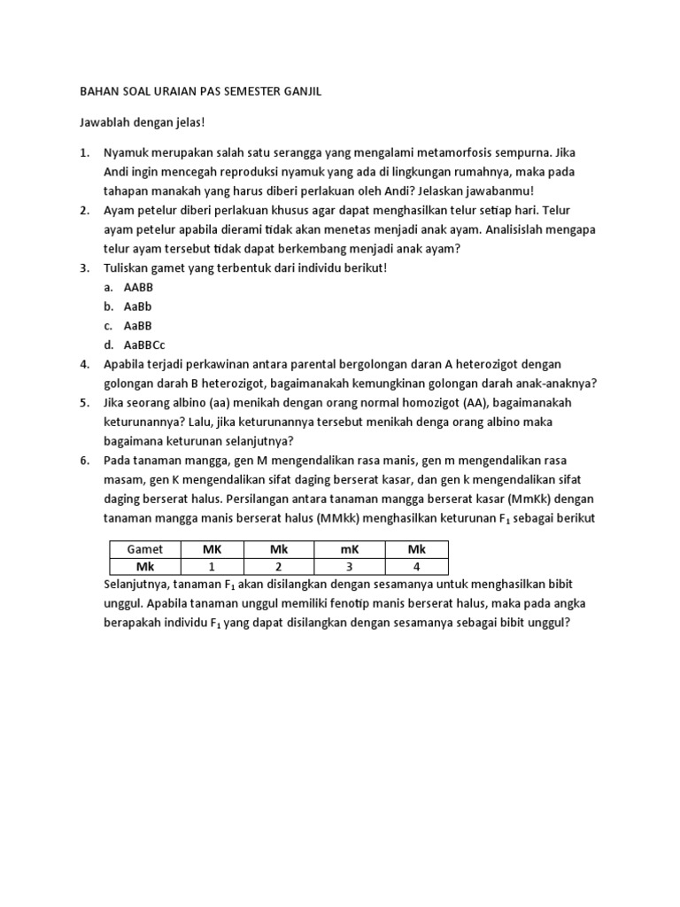 Bahan Soal Uraian Pas Semester Ganjil | PDF | Sains & Matematika