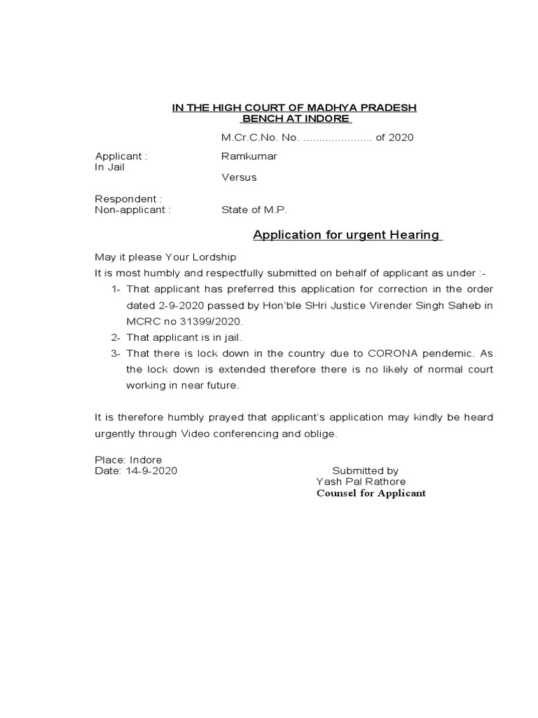 Application For Urgent Hearing: in The High Court of Madhya Pradesh ...