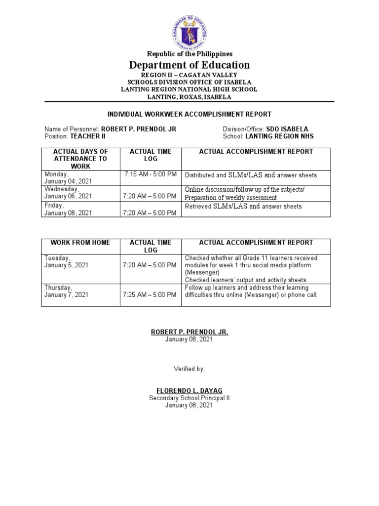 January Individual Workweek Accomplishment Report | PDF | Workweek And ...
