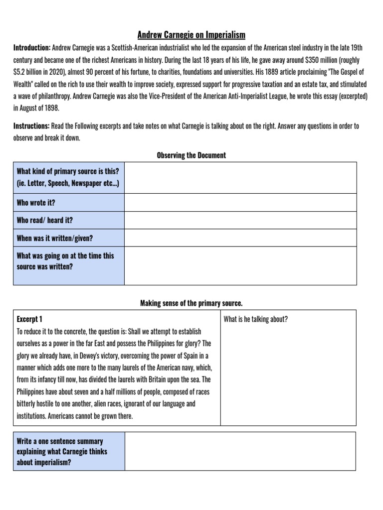 Primary Source Analysis - Andrew Carnegie Essay Excerpt | PDF | Andrew ...