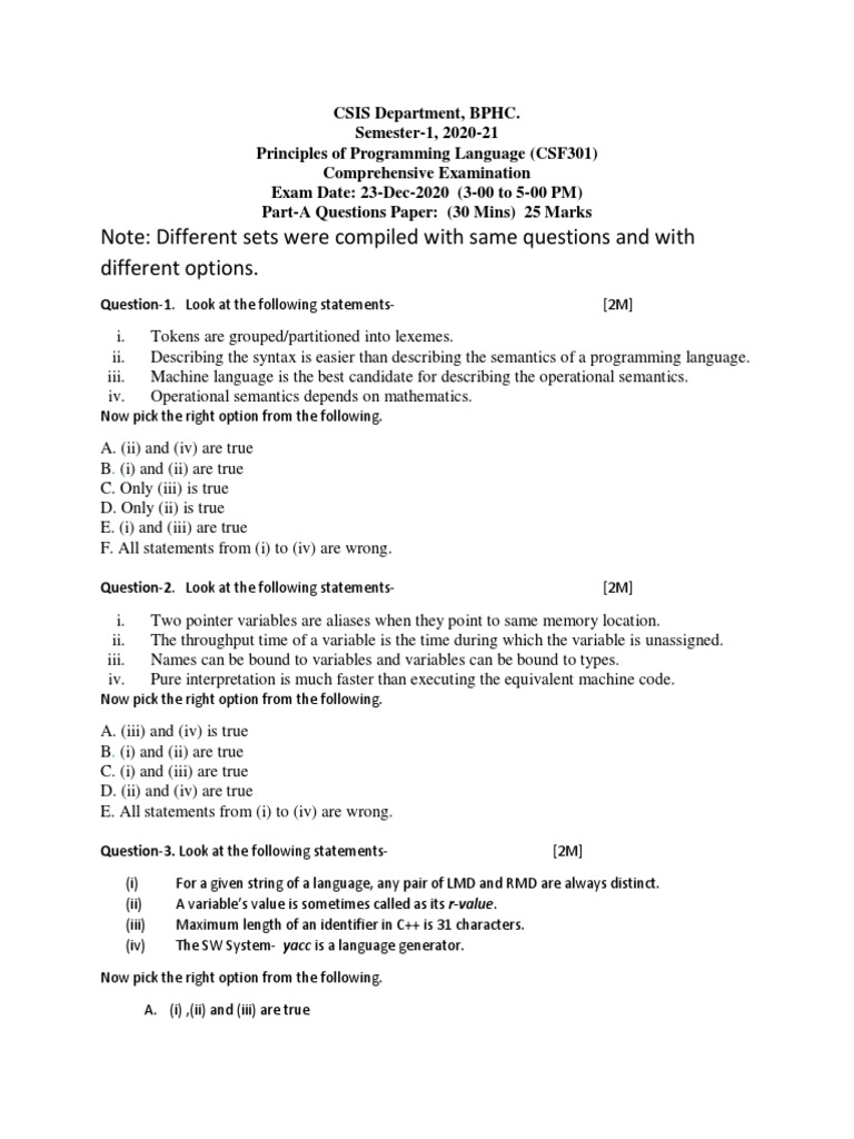 Principles of Programming Language (CSF301) Comprehensive Examination Questions Paper: Part-A ...