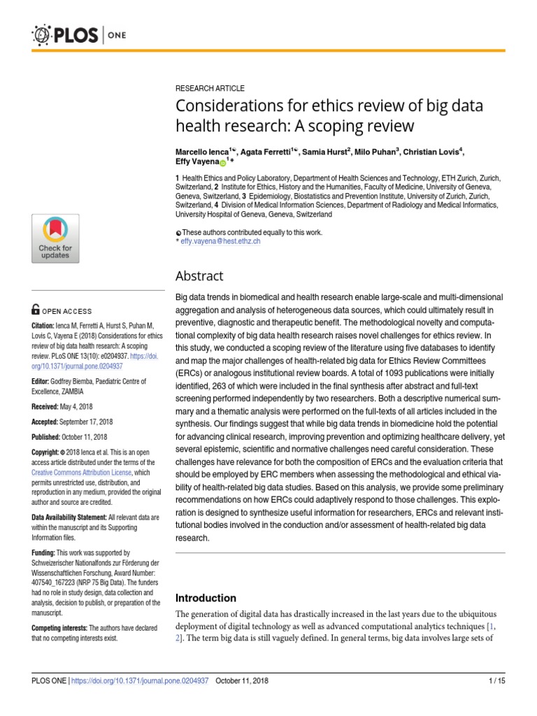 Considerations For Ethics Review of Big Data Health Research: A Scoping ...