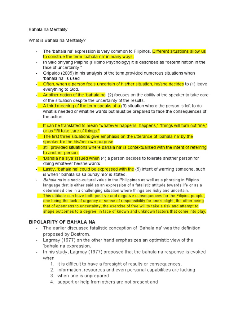 Bipolarity of Bahala Na: Bahala Na Is A Socio-Cultural Value in The ...