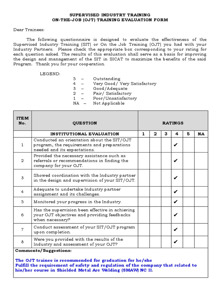 Ojt Evaluation Form Supervised Industry Training Jamf | PDF | Cognition