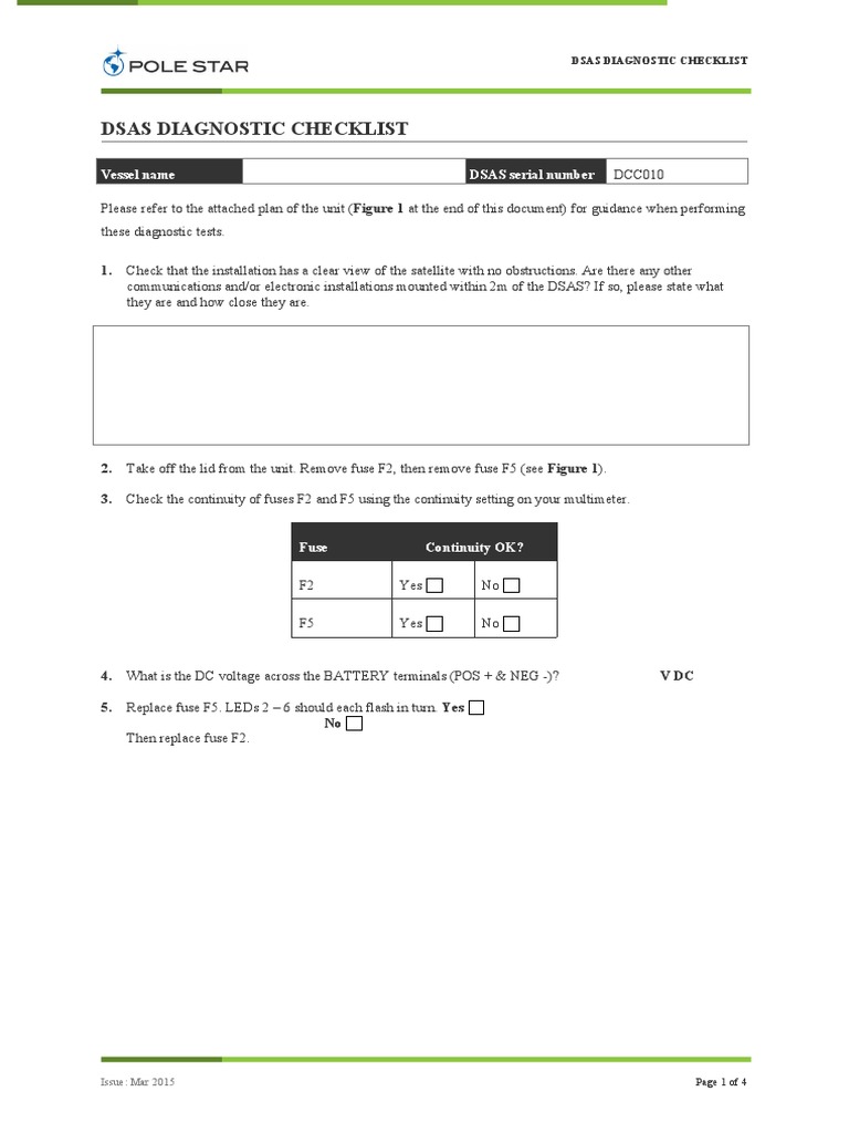 Dsas Diagnostic Checklist: Vessel Name DSAS Serial Number | PDF | Power ...