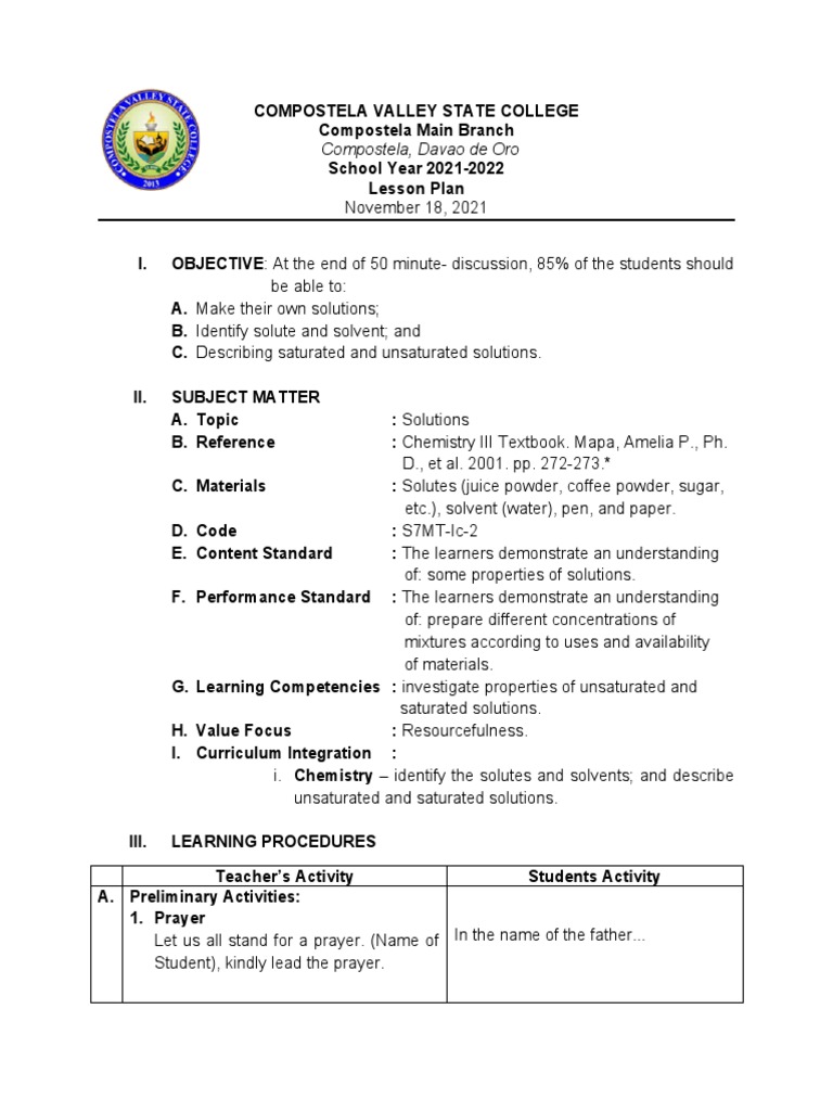 Solutions Lesson Plan for Chemistry | PDF | Solution | Chemistry