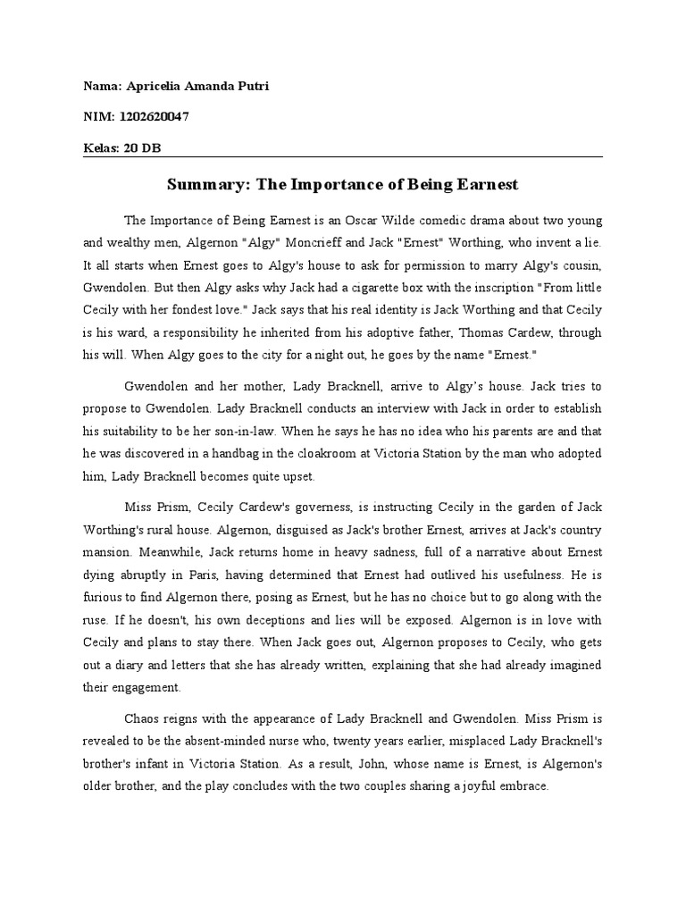 Summary of The Importance of Being Earnest | PDF