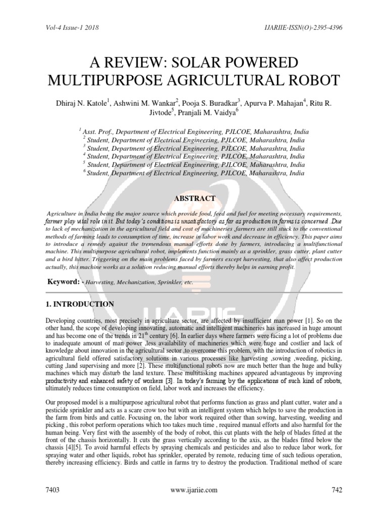 A REVIEW SOLAR POWERED MULTIPURPOSE AGRICULTURAL ROBOT Ijariie7403 ...