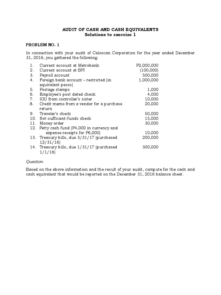 Audit of Cash - Exercise 1 (Solution) | PDF | Transaction Account | Banks