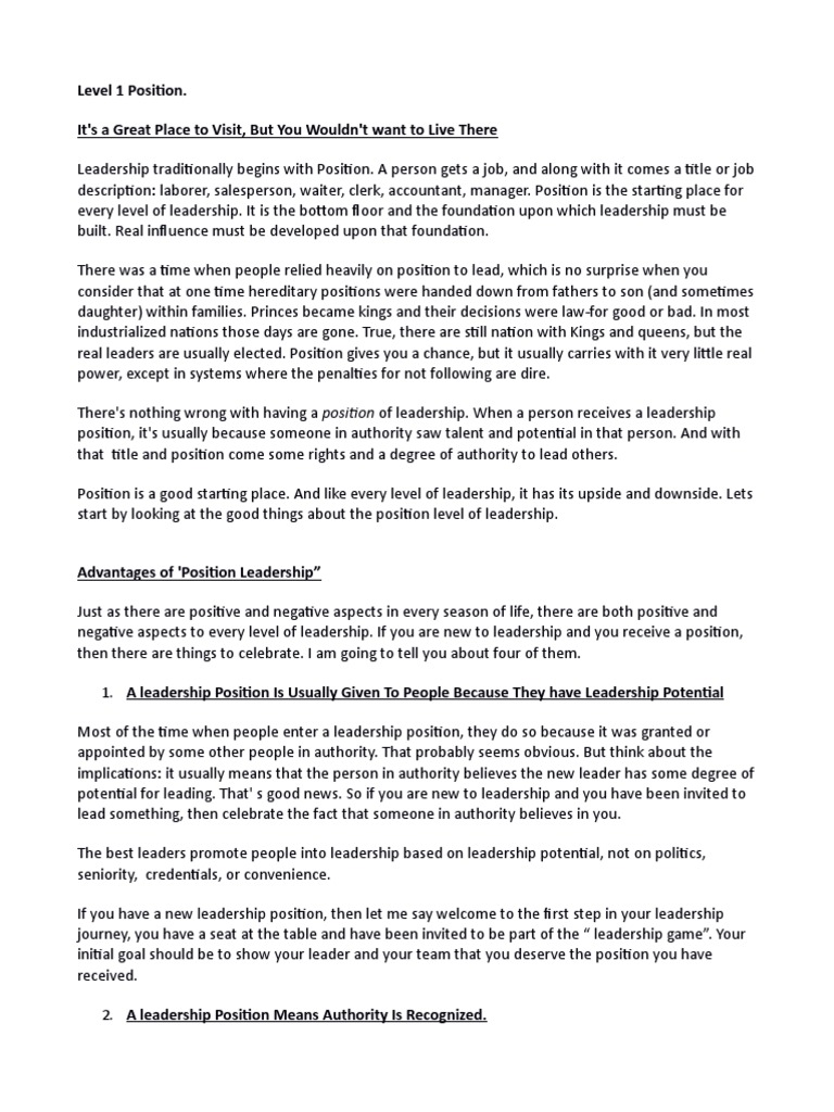 Level 1 Position | Download Free PDF | Value (Ethics) | Leadership