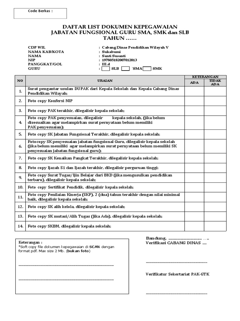 Daftar Ceklist Pak Dokumen Kepegawaian Guru | PDF