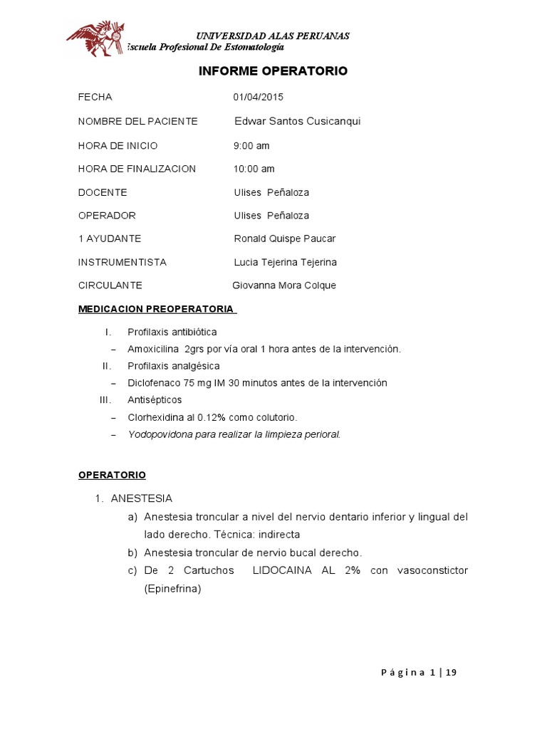 Informe Operatorio | PDF | Odontología | Cirugía