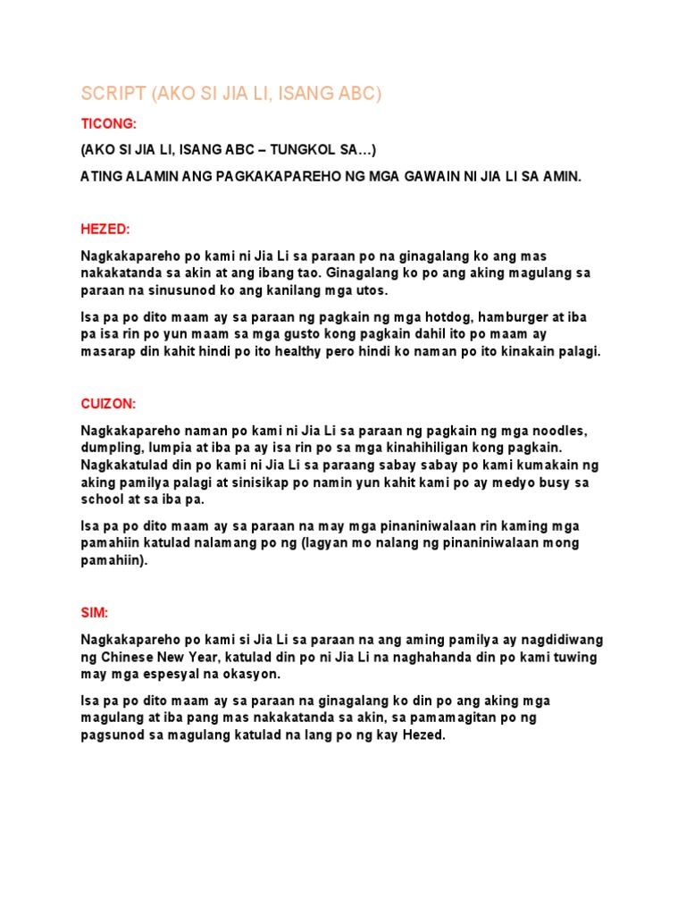 Script (Ako Si Jia Li, Isang ABC) | PDF