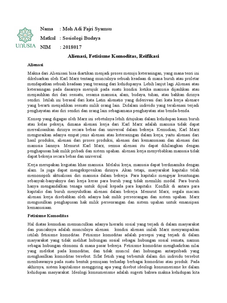 Alienasi, Fetisisme Komoditas Dan Reifikasi | PDF
