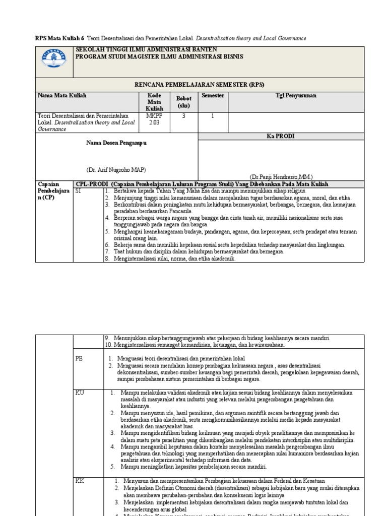 RPS Mata Kuliah Teori Desentralisasi Dan Pemerintahan Lokal | PDF
