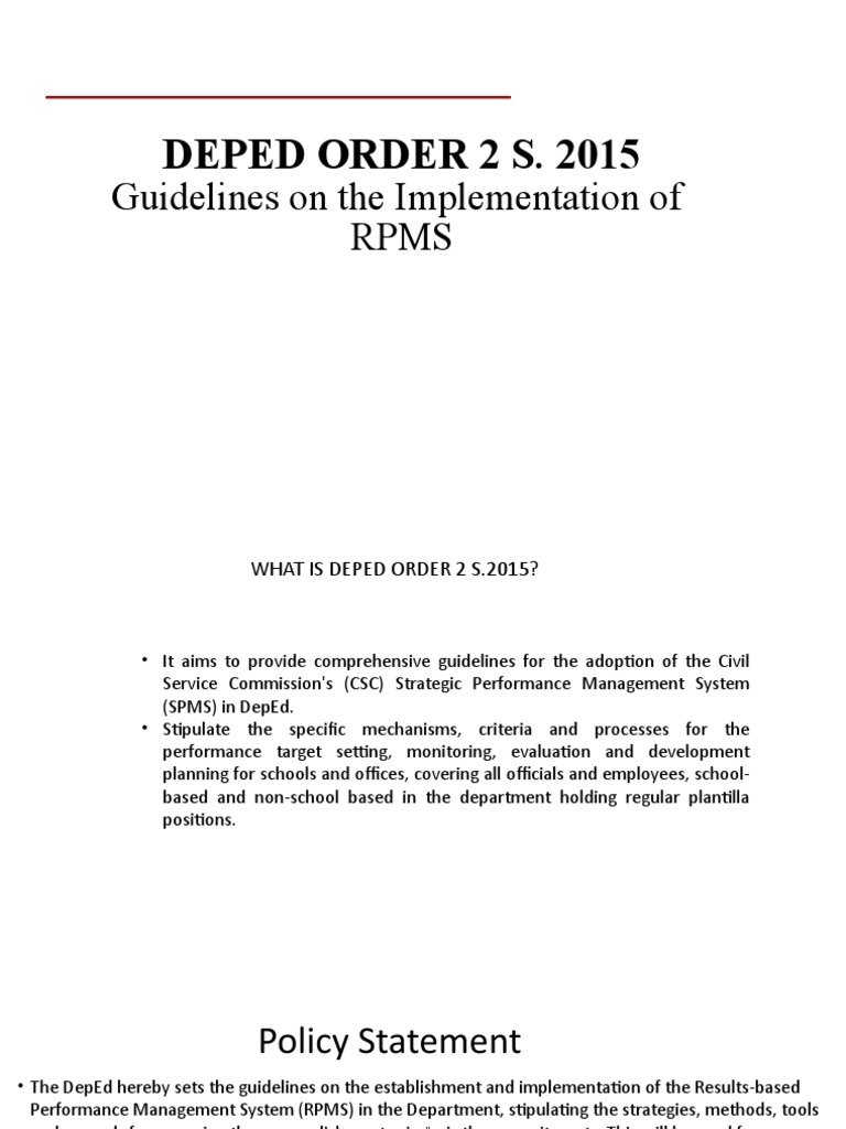 DepEd Order 2 S. 2015: RPMS Guidelines | PDF | Goal | Performance Appraisal